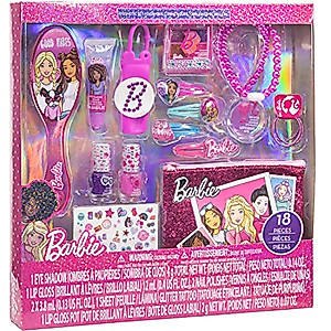 Barbie - Townley Girl 18 Pcs Cosmetic Makeup Gift Box Set includes Lip Gloss, Nail Polish, Eye Shadow, Hair Accessories and more! for Kids Girls, Ages 3+ perfect for Parties, Sleepovers and Makeovers
