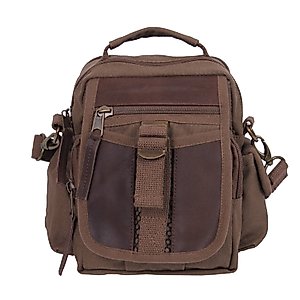 Rothco Canvas & Leather Travel Shoulder Bag, Unisex Crossbody Shoulder Bag, Brown, 8.25" X 6" X 7"
