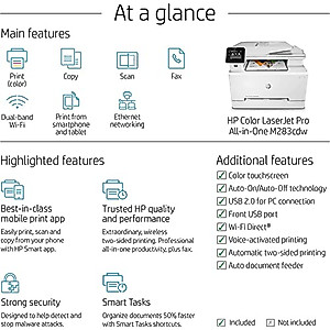 HP Color Laserjet Pro MFP M283cdw All-in-One Wireless Laser Printer, White - Print Scan Copy Fax - 22 ppm, 600 x 600 dpi, 8.5 x 14, 50-Sheet ADF, Auto Duplex Printing, Ethernet, Cbmoun Printer_Cable