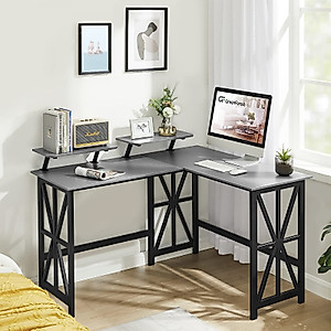 GreenForest L Shaped Desk with 2 Monitor Stand, 50.4 inch Reversible Corner Computer Desk for Home Office Study Gaming Workstation Crafting Table for Small Spaces Saving, Easy Assembly, Grey