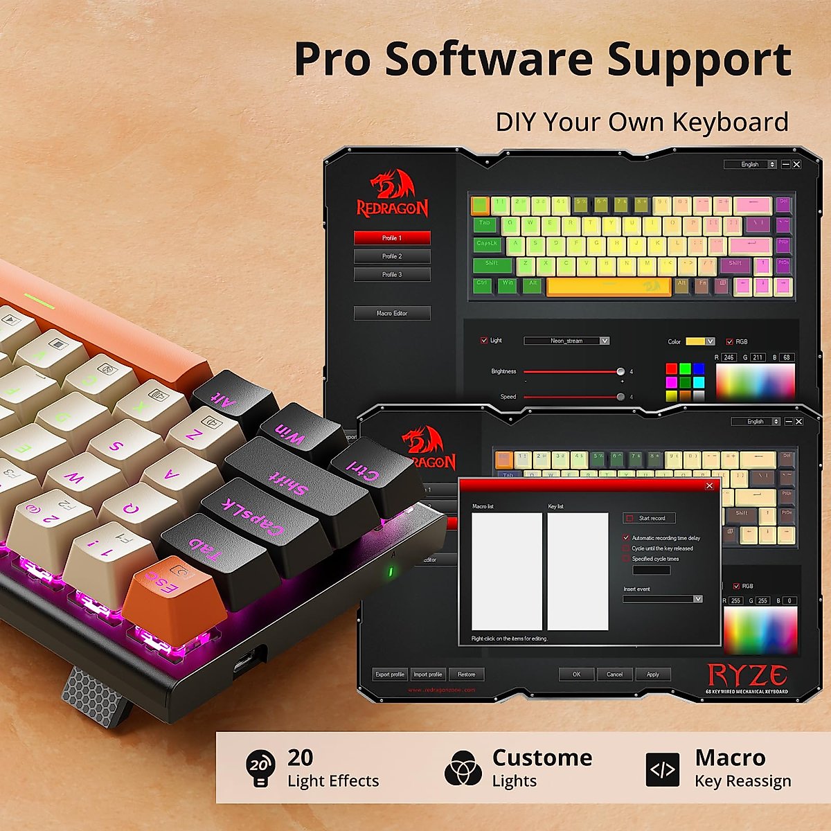 Redragon 60% Mechanical Gaming Keyboard, 68 Keys Wired Office RGB Keyboard with Arrow Keys, Programmable Macro, Red Switches for Windows Mac PC Laptop, Black/Beige/Orange