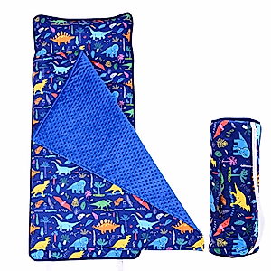 Cloele Dinosaur Toddler Nap Mat with Reusable Pillow and Minky Blanket - Kids Sleeping Bag for Boys 50"x20" Blue Kids Preschool Nap Sack - Soft Perfect for Kindergarten Sleeping Mat Travel Sleepovers