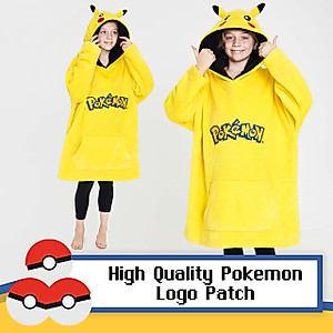 Pokemon Boys Oversized Hoodie with Sherpa-Lined Hood - Blanket Hoodies for Kids (Yellow/Black Pikachu)