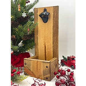 Bottle Opener with Dropbox Cap Catcher - Wall Mount or Freestanding - Laser Engraved - Personalized Christmas Gift idea for men Rustic Wood Groomsmen Gift Sets, Wedding and Anniversary Presents