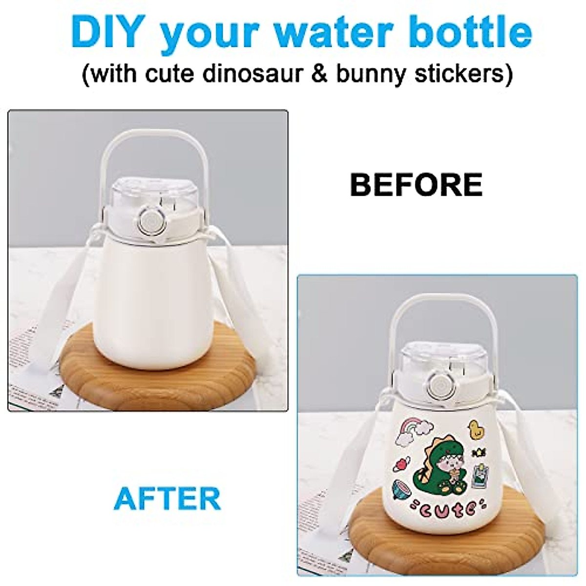 VAlinks Big Belly Stainless Steel Water Bottle with Shoulder Strap, Handle & Cute Stickers, 32oz/900ml Cute Insulated Water Bottle with Straw, Leak Proof Flip-Top Lid Vacuum Bottle, White