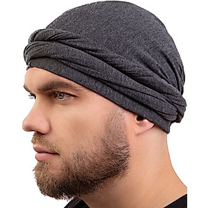 CAPLORD Silk Satin Lined Halo Turban Head Wrap Pre-Tied Skull Wave Cap for Men and Women Sleeping Bonnet Hair Cover Chemo Hair Loss Hat Head Cover Durag Dark Gray