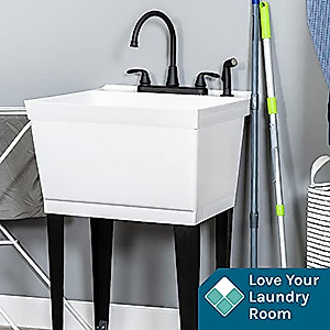 Utility Sink Laundry Tub with Gooseneck Faucet by JS Jackson Supplies, Heavy Duty Slop Sinks for Basement, Laundry Room, Garage or Shop, Large Free Standing Wash Station (Black Faucet)