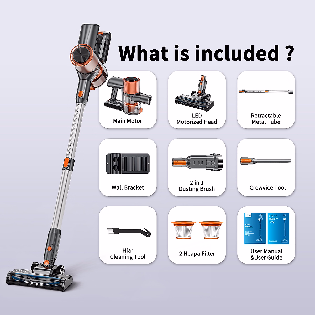 KOHE Cordless Vacuum Cleaner with LED Display, 6-in-1 Lightweight Stick Vacuum,45 Mins Max Runtime,2200 mAh Battery,Powerful Rechargeable Vacuum Cleaner for Hard Floor Carpet Pet Hair Home-V10