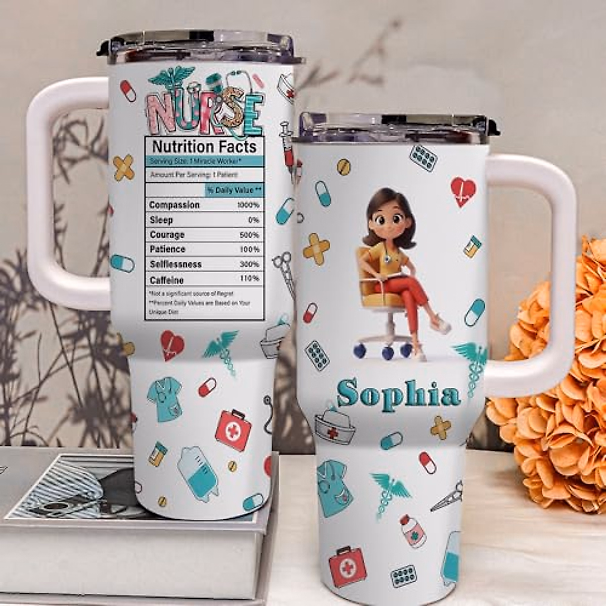 Personalized Nurse Tumbler 40oz -nurse therapeutic furniture designer-Custom Name Insulated Travel Mug with Handle & Straw, Gift for Nurses, Medical Workers, Appreciation, Mother's Day Zk9iPF