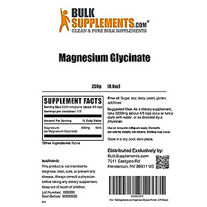 BulkSupplements.com Magnesium Glycinate Powder - Magnesium Bisglycinate, Magnesium Supplement, Magnesium Glycinate 400mg - Pure Magnesium Glycinate - 2200mg per Serving, 250g (8.8 oz)