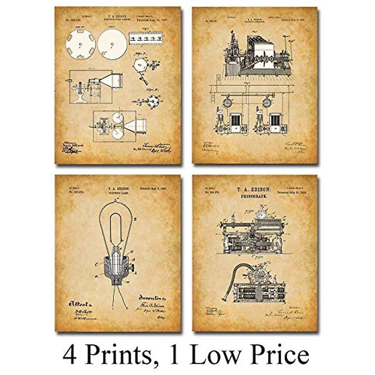 Original Thomas Edison Patent Prints - Set of Four Photos (8x10) Unframed - Makes a Great Home or Office Decor and Gift Under $20 for Inventors