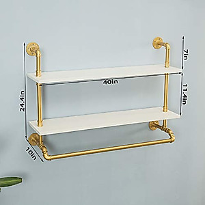 FOF FRIEND OF FAMILY Industrial Pipe Garment Rack with Double Tier shelves, Wall Mounted Clothes Rod for Clothing Storage, Gold&White Color, 40" Wide