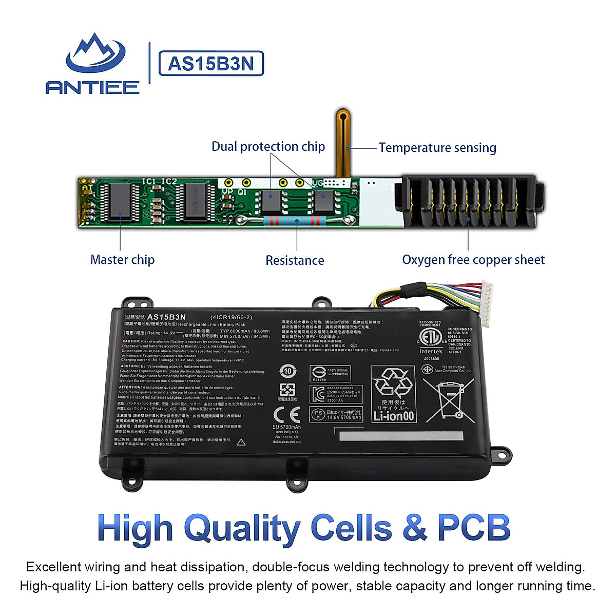 ANTIEE AS15B3N Laptop Battery for Acer Predator 15 G9-591 G9-591G G9-592 G9-592G G9-593 Predator 17 G5-793 G9-791 G9-791G G9-792 G9-792G G9-793 Predator 17X GX-791 GX-792 21X GX21-71 G9000 4ICR19/66-2