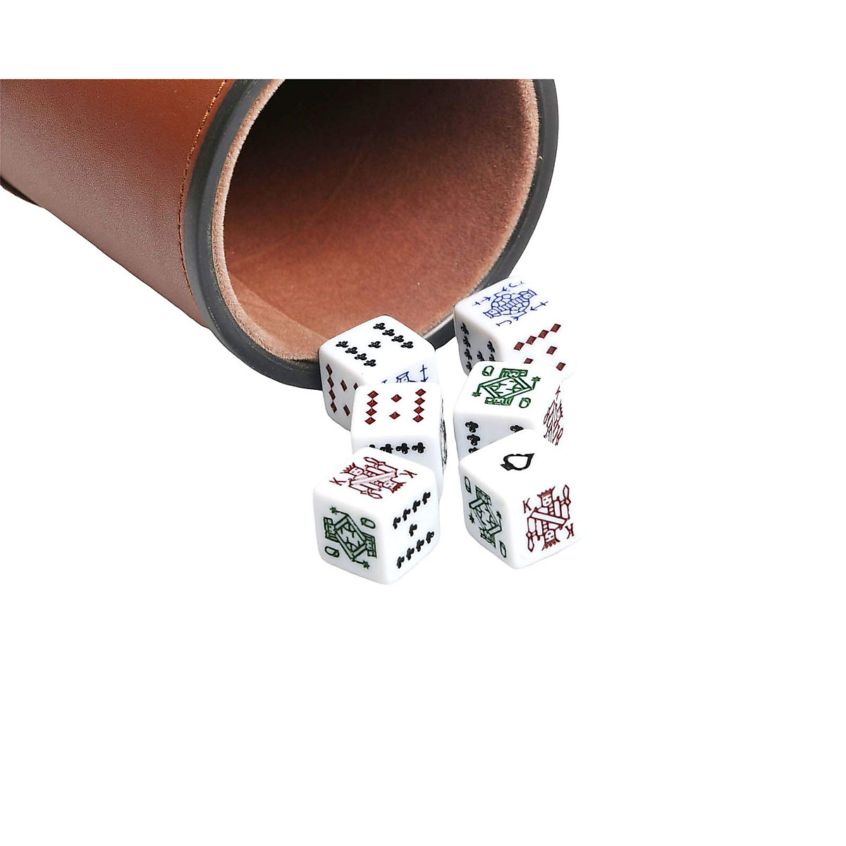 Leatherette Dice Cup and 6 White Dices Felt-Lined Quiet Shaker for Yahtzee/Farkle/Liars Dice Game