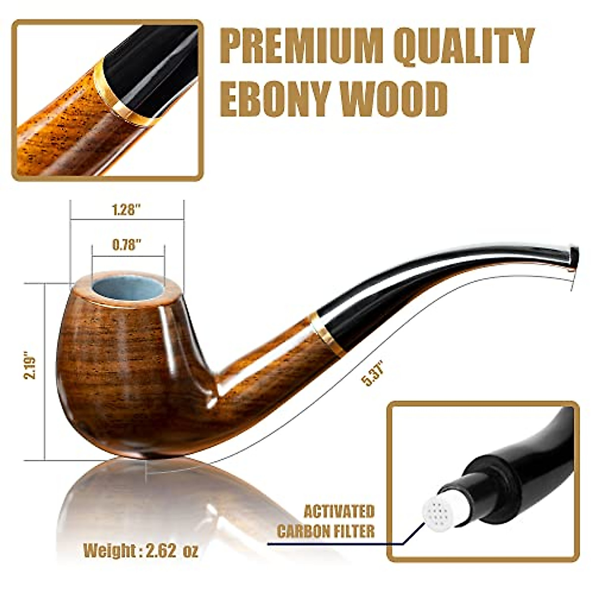 Whitluck's Tobacco Pipe with Waxed Canvas Pipe Roll, Handmade Wood Smoking Pipe with Ultimate Beginner Guide E-Book, Travel Tobacco Pouch - Smoking Gift Set and Accessories