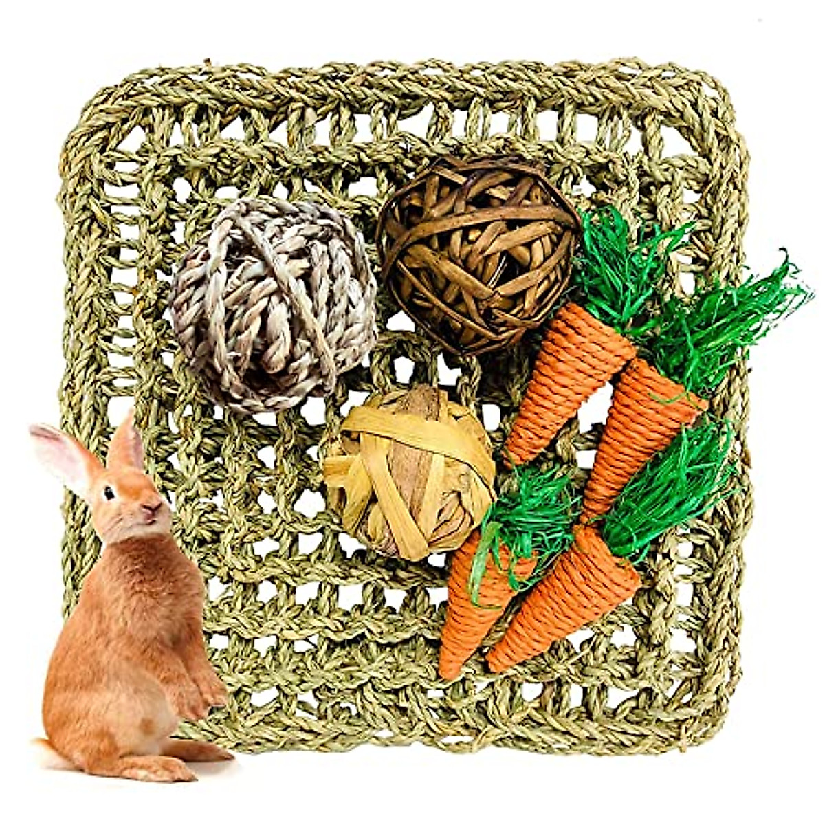 Hamiledyi Rabbit Seagrass Mat Activity Mat Bunny Chew Toy Small Animal Activity Play Ball Carrot Toy for Hamster Guinea Pigs Gerbils