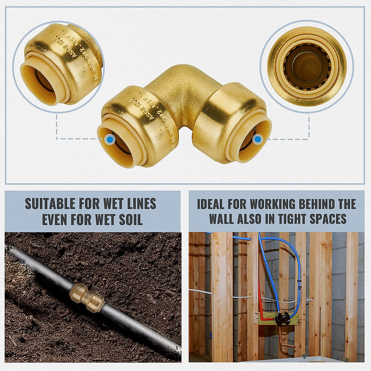 SUNGATOR 1/2" Elbow, Pushfit 90 Degree Elbow, No Lead Brass Plumbing Fitting 1/2" 90 Elbow, Push to Connect PEX, Copper, CPVC, with 1 Disconnect Clip, Pack of 12