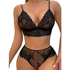 Lilosy Sexy Women Floral Lace Pajamas Lingerie Set High Waist Sheer Sleepwear See Through Nightwear Cami Shorts Bra and Panty 2 Piece Black #2 Small