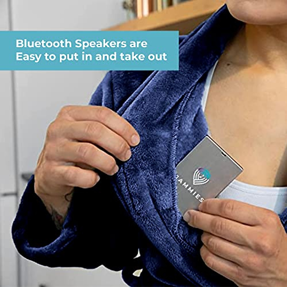 Jammies Bluetooth Robe - Ultra-Plush Unisex Bathrobe with Removable Bluetooth 5.0 Speaker Collar, 100% Polyester, Navy Blue, Medium