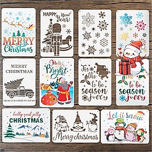 Christmas Stencils Reusable, 9Pcs Farmhouse Large Merry Christmas Stencils for Painting on Wood Winter Decor,8 X 11 Inch,Snowflake Chirstmas Tree Craft Stencils