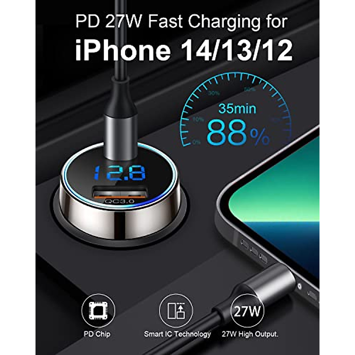 [Pure Copper] USB C Car Charger, SUPERONE 45W Dual USB Car Charger Adapter with 27W/20W PD Port, Fast QC3.0 LED Voltmeter for iPhone 14 13 Max/Pro/Plus/Mini, Pixel 7/6/5, Samsung S22/21 More