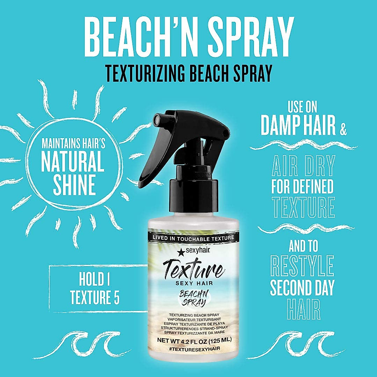SexyHair Texture Beach'n Spray Texturizing Beach Spray, 4.2 Oz | Maintains Natural Shine | Up to 24 Hour Humidity Resistance | All Hair Types