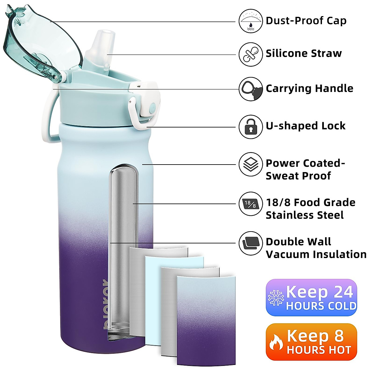 BJPKPK 18oz Insulated Water Bottle With Straw Stainless Steel Double Wall Water Bottles BPA Free Leak Proof Thermos With Lockable Flip Lid And Soft Silicone Spout,Ocean Dream