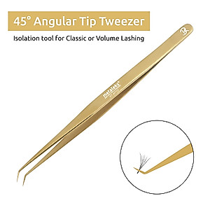 14cm Metaleks Lash Tweezers Japanese Steel Lash Extension Tweezers 45 Degree Angular Tip. (Golden Titanium Coated.)