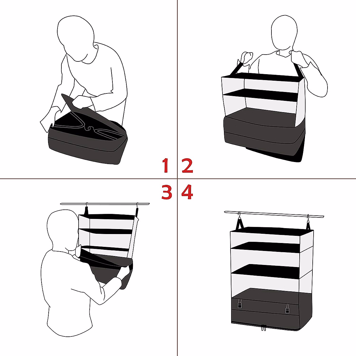 ELEZAY Hanging Packing Cubes Portable Travel Closet Collapsible Compression Clothes Organizer with Built in Shelves for Carry-on Luggage Suitcase Wardrobe Large_11.8 * 11.8 * 24 in, Grey