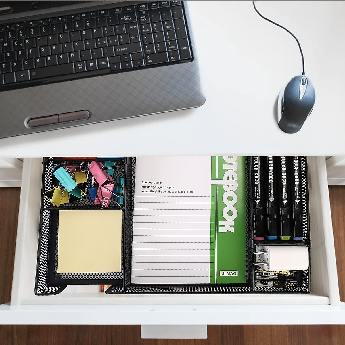 EsOfficce Desk Drawer Organizer Tray with Adjustable Compartments, 6 Grid Metal Mesh Drawer, Multi-use Desk Organizer Storage Box Set for Office,Home,School Supplies, 12.6X9X1.9 inch