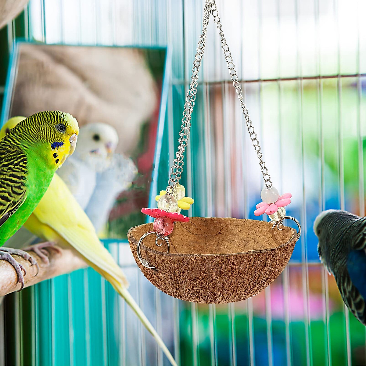 ULTECHNOVO Hammock Swing Natural Coconut Bird Hide Nest Hut House Coconut Shell Breeding Bird Nest Coconut Fiber Hanging Birdhouse Cage Habitats Decor for Pet Parrot Parakeet