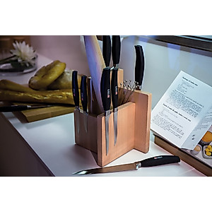 Artelegno Magnetic Knife Block Solid Beech Wood 4 Panel with Utensil Holder, Luxurious Italian Kombi Collection by Master Craftsmen Displays/Protects 8 High-End Knives, Eco-friendly-Natural Finish