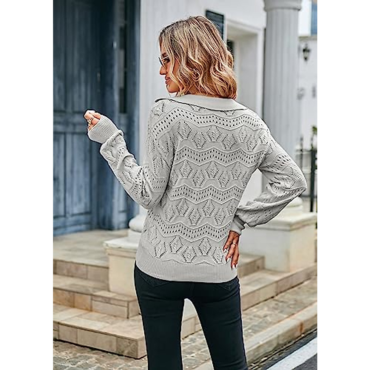 Women's 2023 Fall Lapel Collar V Neck Long Sleeve Knitted Comfy Loose Casual Pullover Sweater Jumper Top Grey L
