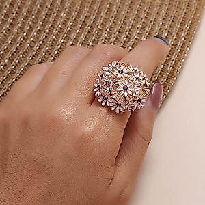 Exquisite Daisy Flower Statement Ring for Women Gold Plated Pink Cubic Zirconia Open Band Wrap Expandable Adjustable Big Finger Rings Comfort Fit Indian Style Exaggerated Mother's Day Jewelry