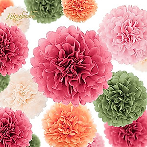 NICROLANDEE Wedding Party Decorations - 16Pcs Pink, Sage Green, Ivory Tissue Paper Pom Poms for Birthday, Engagement, Baby/Bridal Shower, Anniversary, Pastel Party, Festival Decorations