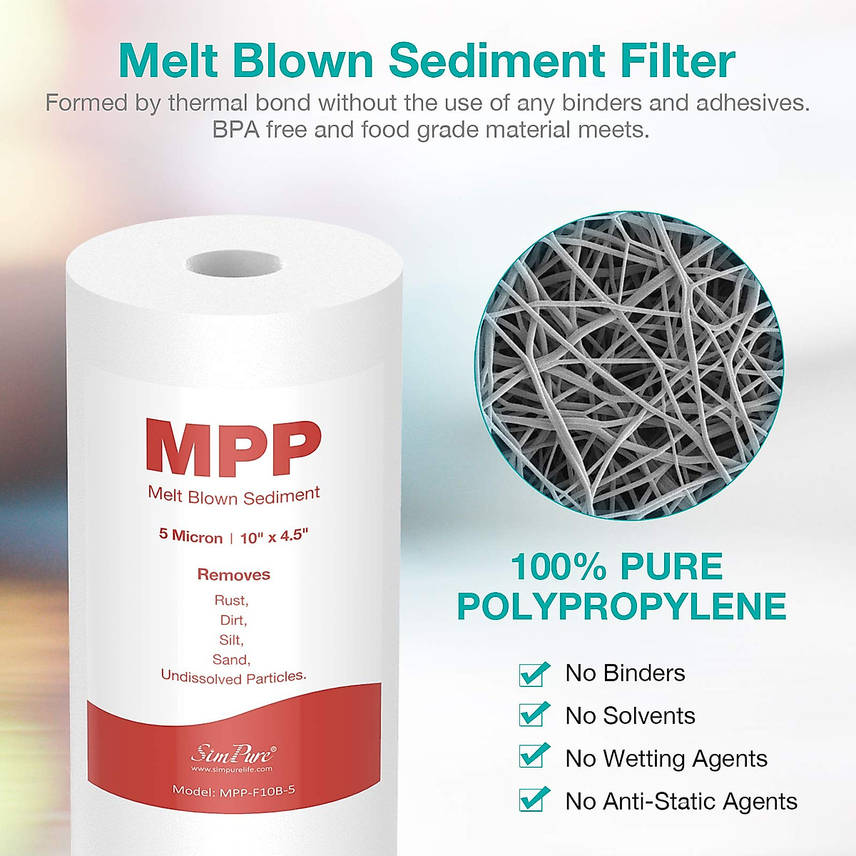 SimPure 5 Micron 10" x 4.5" Whole House Sediment Water Filter, 10-inch Replacement PP Cartridge Compatible with W15-PR, DGD-5005, FP15B, HD-950A, GXWH35F, GXWH30C for Home and Well Water Filtration