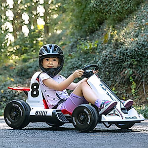 XJD Electric Go Kart 12V Battery Powered Pedal Go Karts for 3+ Kids Adults on Car Electric Vehicle Car Racing Drift Car for Boys Girls with Bluetooth/FM and Remote Control (White)
