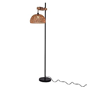 Boho Arc Floor Lamp with Remote, Rattan Farmhouse Standing Lamps with Dimmable LED Bulb, Modern Black Tall Lamp with Woven Shade for Living Room Office Bedroom, App Control, Height Adjustable