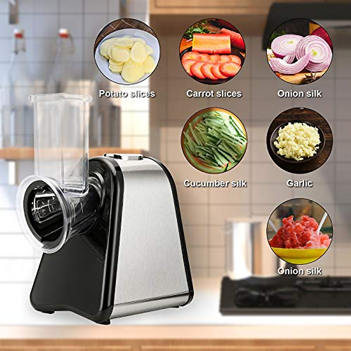 Szikawo Professional Salad Maker Electric Slicer/Shredder with One-Touch Control and 4 Free Attachments for fruits, vegetables, and potato