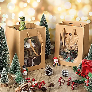 50 Pcs Paper Gift Bags with Transparent Window Kraft Shopping Bags with Handles 9.8 x 7.1 x 5.1 in Clear Gift Bags Small Transparent Window Bag for Valentine's Day Present Festival Party (Brown)