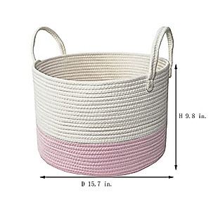 Extra Large Pink Baby Girls Boho Storage Baskets Woven Cotton Rope Nursery Laundry Baskets Bins with Handles Clothes Diapers Hamper Pets Organizer Basket