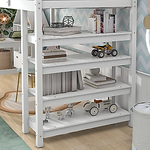 Harper & Bright Designs Twin Size Loft Bed with Desk Underneath Twin Loft Bed with Shelves and Ladder, Wood Loft Bed Twin for Kids Girls Boys,White