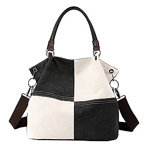 Women Canvas Hobo Crossbody Bags, Daily Retro Shoulder Bag Casual Satchel Purse Square Stitching, Black