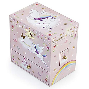 Musical Jewelry Box for Little Girls with 3 Drawers and Jewelry Set with Spinning Unicorn and Rainbow Butterfly Design - Over the Waves Tune Pink