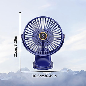 AbuDodo Portable Clip on Fan with LED Light, Digital Display, Quiet, 5-Speed Rechargeable Mini Table Fan, 360° Rotation: Personal Cooling Device for Home, Office, Stroller, Camping, Outdoor - Blue
