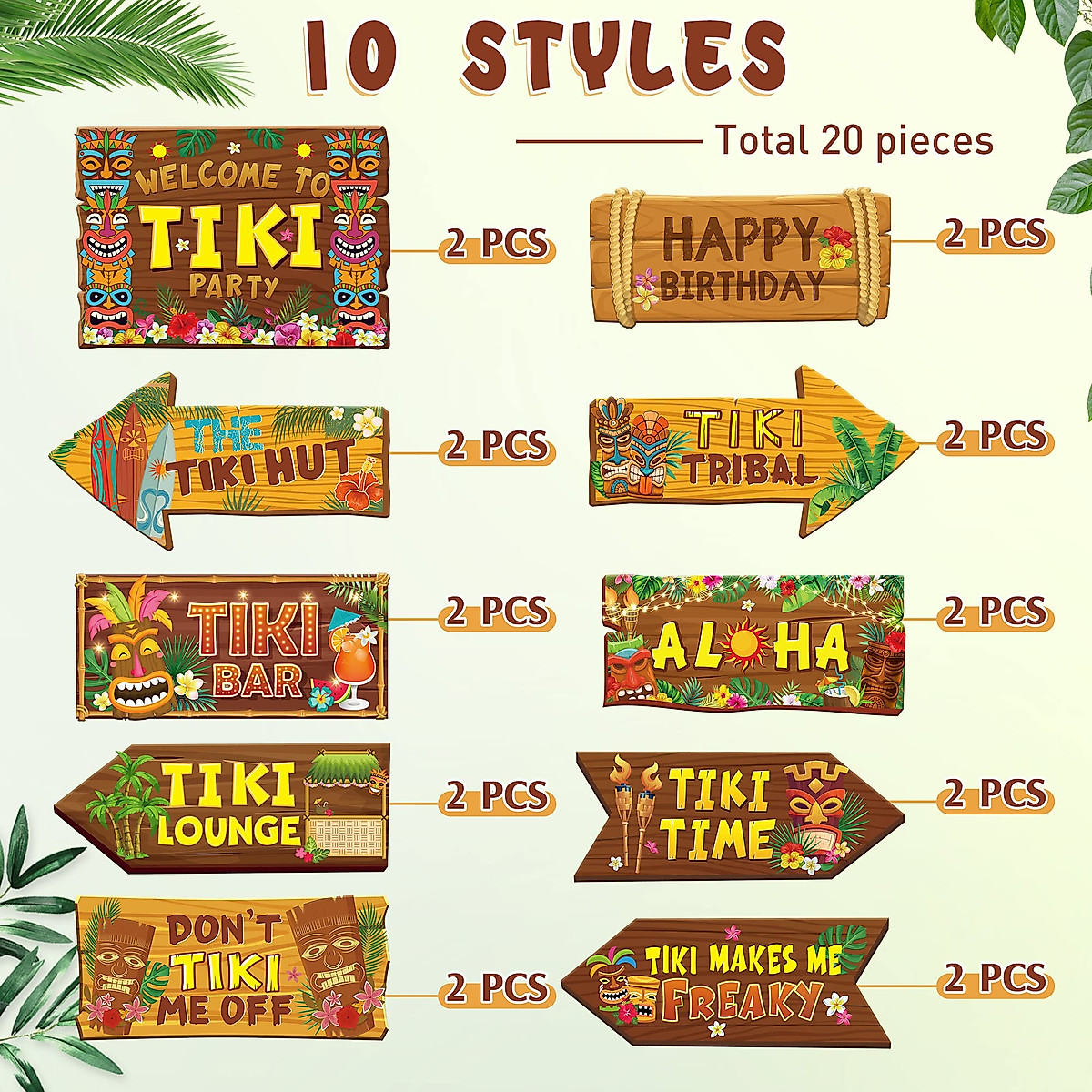 Colarr 20 Pieces Tiki Totem Birthday Party Decorations Hawaiian Luau Party Directional Sign for Aloha Hawaii Luau Tropical Party Supplies, 10 Styles