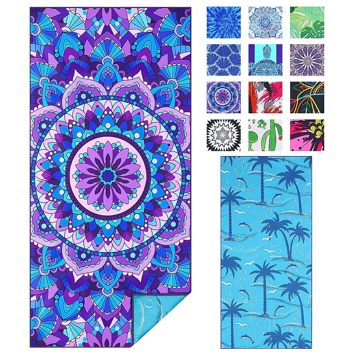 Microfiber Sand Free Beach Towel Thin Quick Dry Super Absorbent Large Lightweight Towels for Travel Sports Pool Swimming Bath Yoga Girls Women Adults Boho Palm Tree Blue Mandala