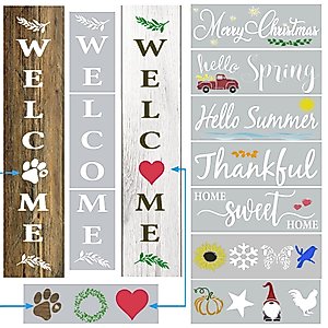 Large Welcome Stencils for Painting on Wood - Vertical Welcome Sign for Front Porch Decor - Stencils for Crafts Reusable - Farmhouse Stencils & Drawing Templates for Signs, Canvas, Walls & Art Decor
