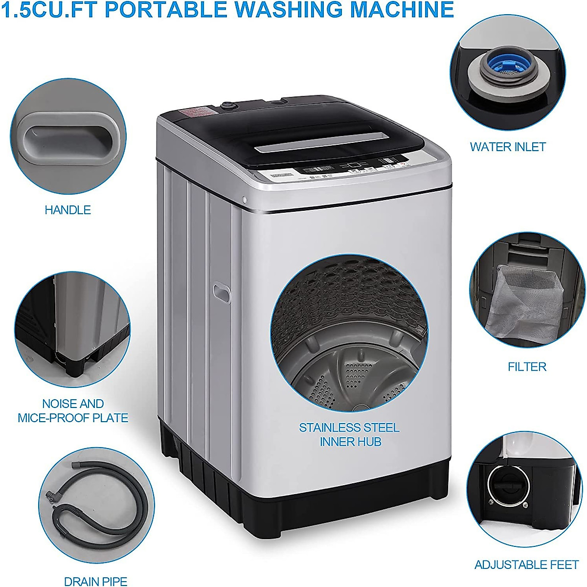 KUMIO 1.5 Cu.ft Washing Machine, 11Lbs Automatic Portable Washer with 8 Wash Programs 10 Water Levels, LED Display, Built-in Drain Pump, Compact Washing Machine for Apartment RV Dorm, Grey