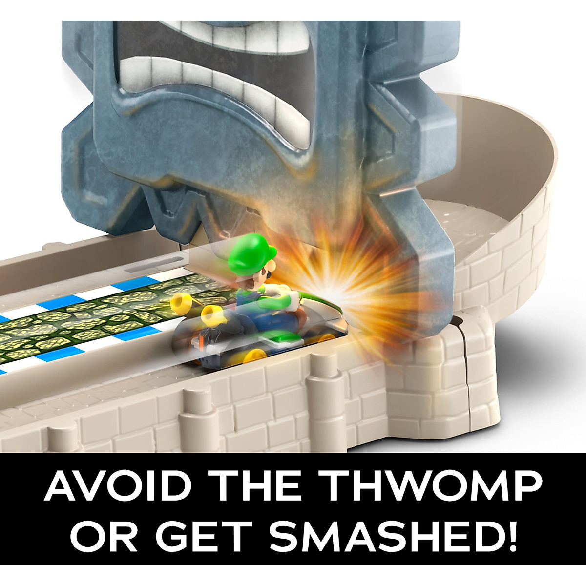 Hot Wheels Mario Kart Track Set & Toy Car, Thowmp Ruins Playset with Luigi Kart Vehicle & Pull-Back Launcher
